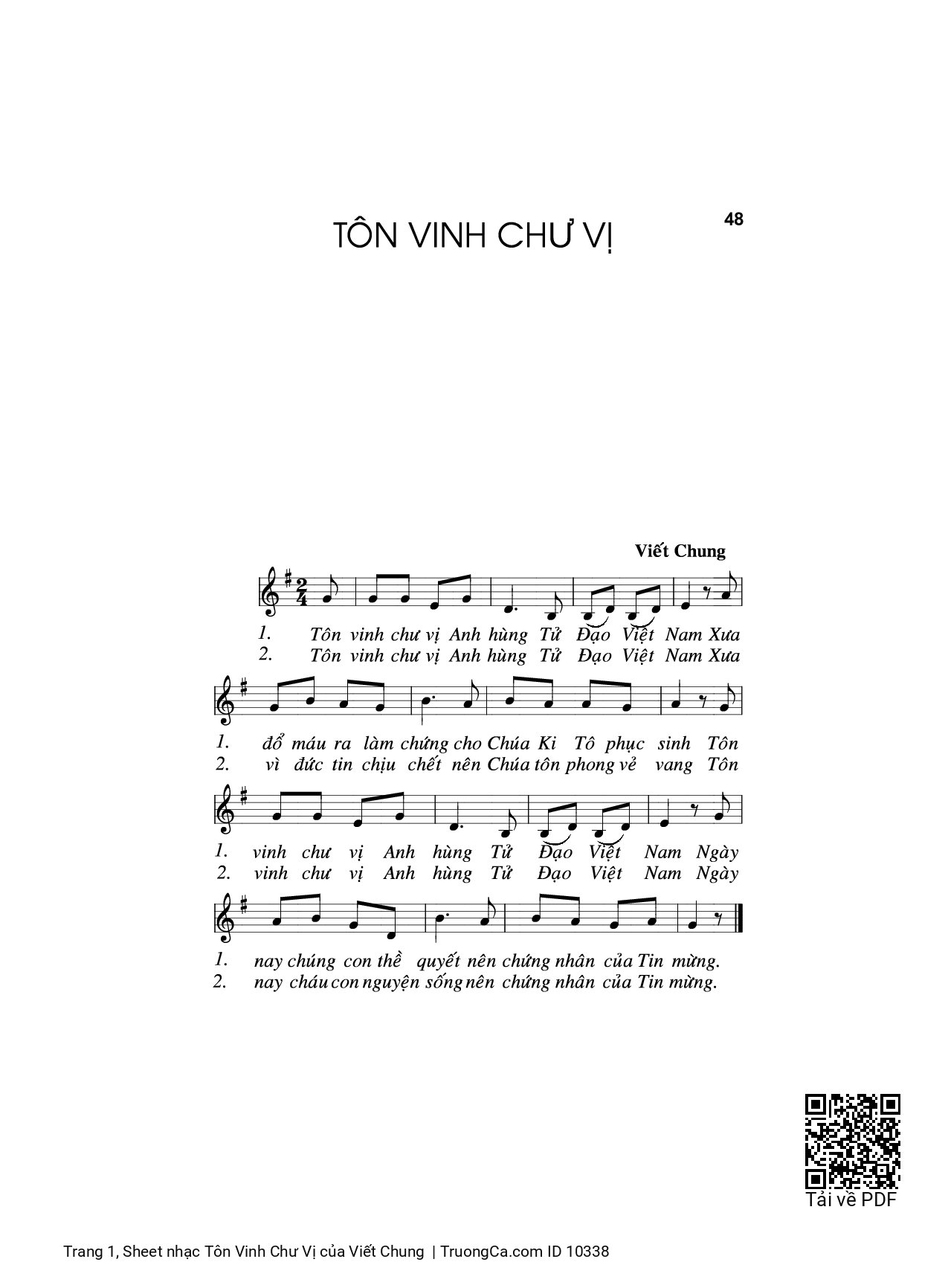 [Sheet] Tôn vinh chư vị Anh Hùng Tử Đạo Việt Nam PDF Download sheet