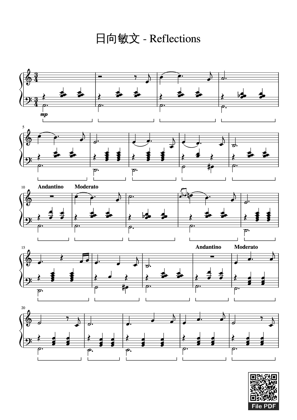 [Sheet] 日向敏文 - Reflections Piano PDF, chords Piano, mp4/midi