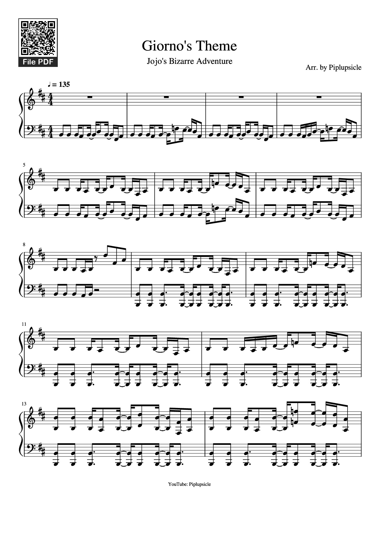 [Sheet] Giorno's Theme Piano PDF, chords Piano, mp4/midi