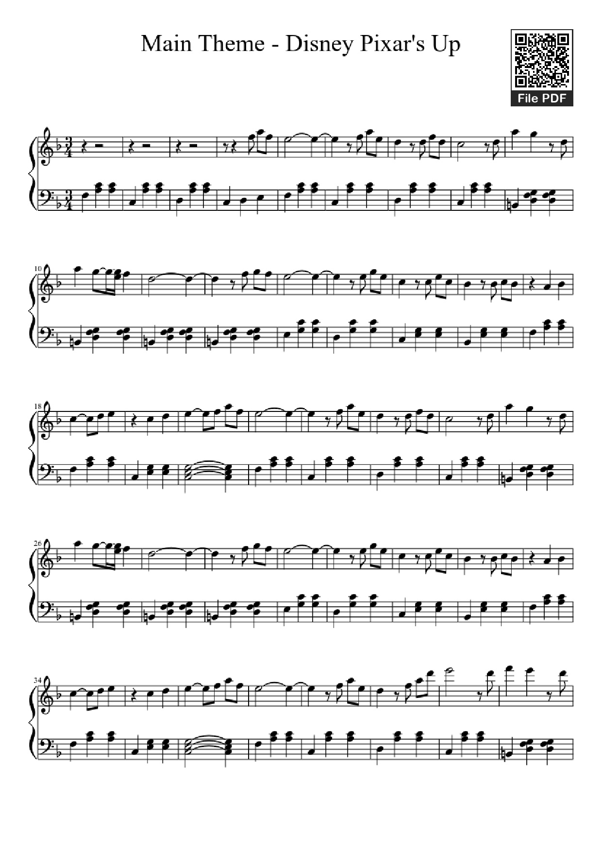 [Sheet] Disney Pixar: Up Theme Piano PDF, chords Piano, mp4/midi