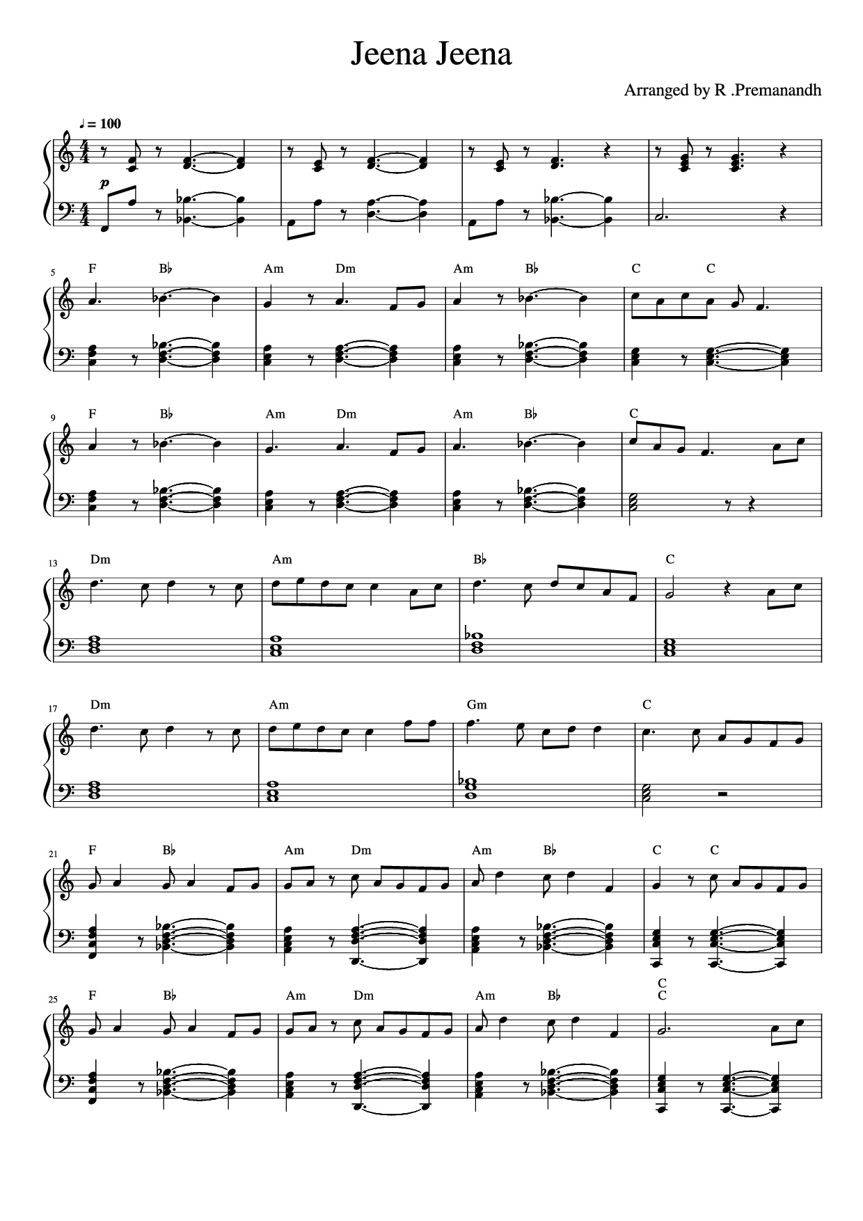 [Sheet] Jeena Jeena Piano PDF, chords Piano, mp4/midi