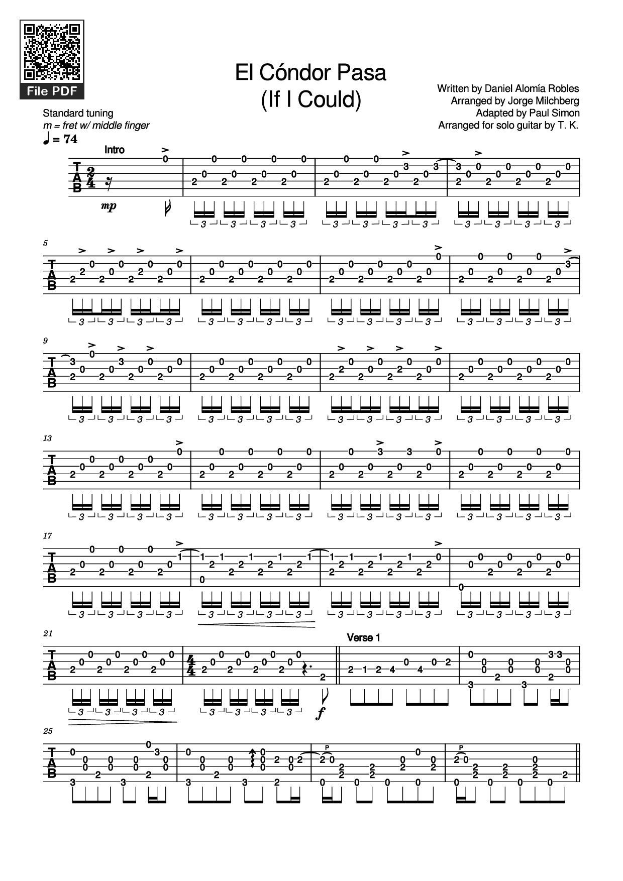 [Sheet] El Cóndor Pasa (If I Could) Guitar TAB PDF, chords Guitar TAB ...