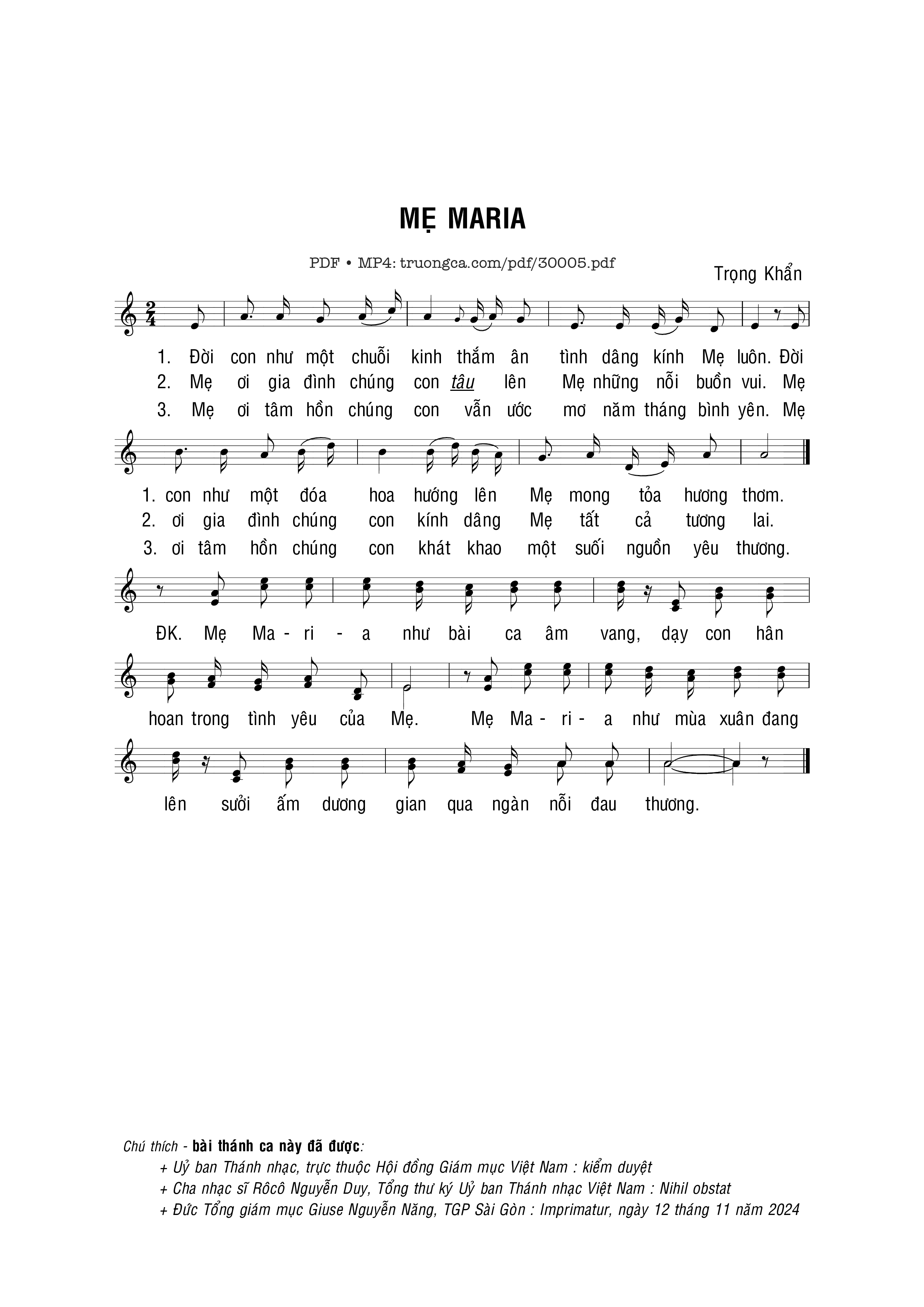 [Sheet] Mẹ Maria PDF (Trọng Khẩn) lyrics & chords