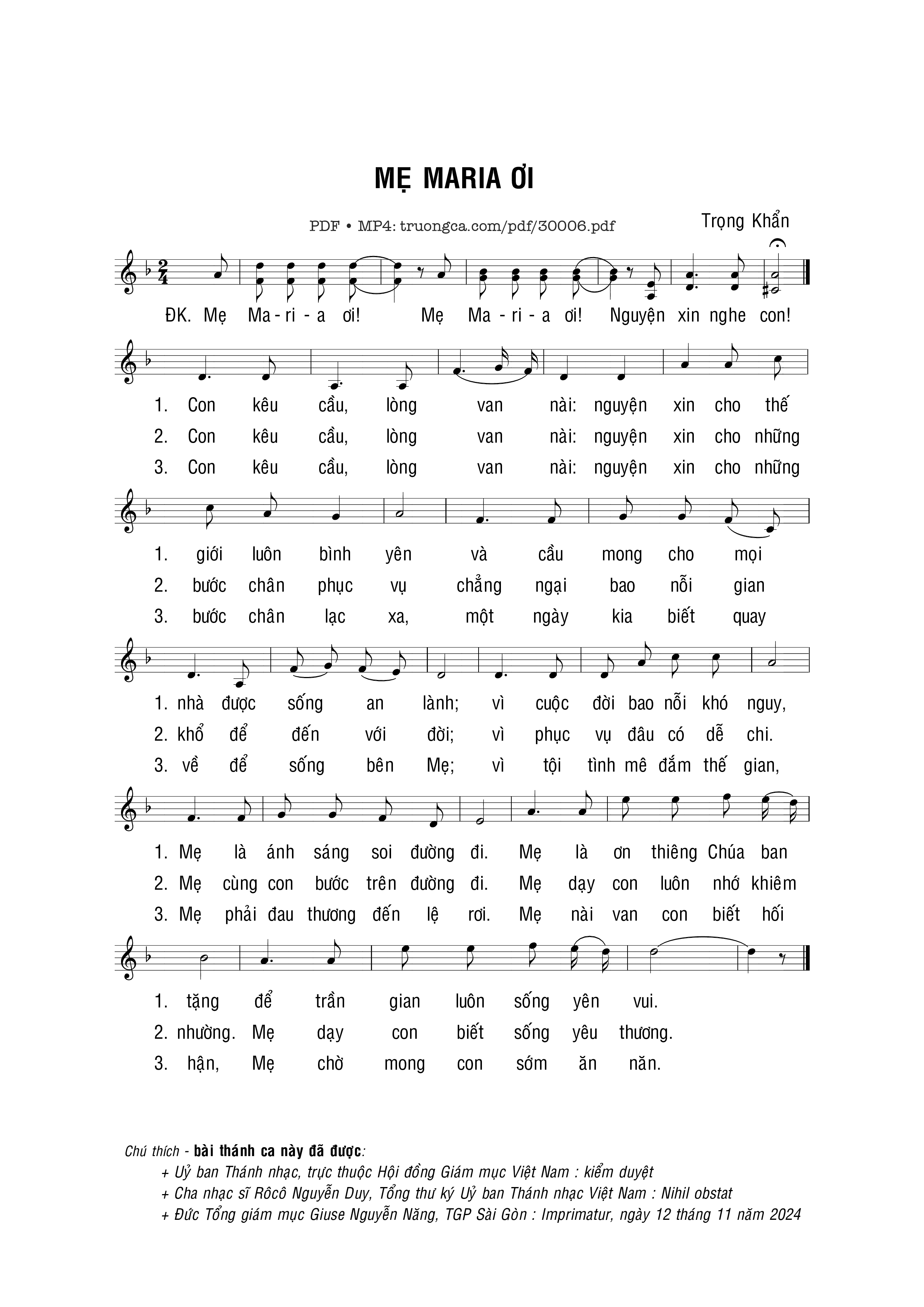 [Sheet] Mẹ Maria ơi PDF (Trọng Khẩn) lyrics & chords