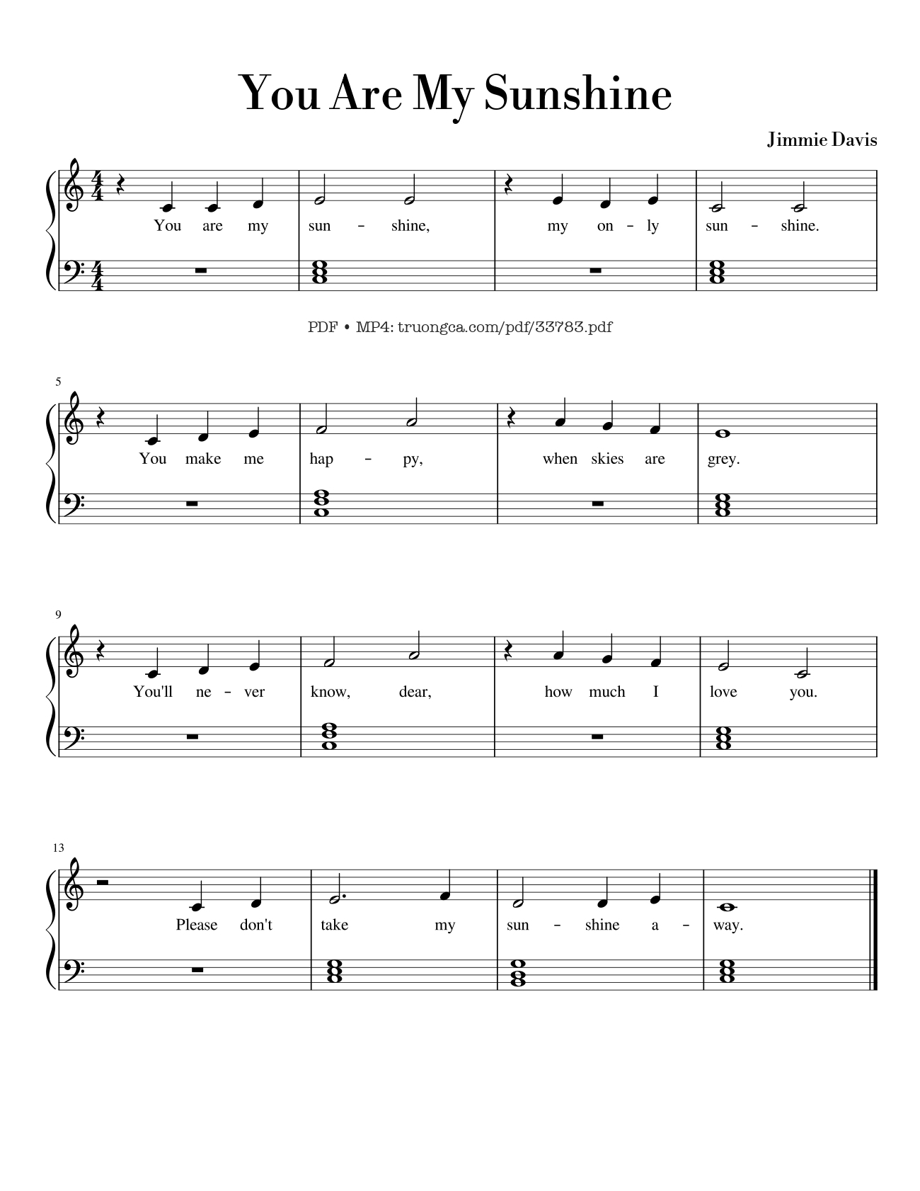[Sheet] You Are My Sunshine PIano EASY PDF, chords Piano, mp4/midi