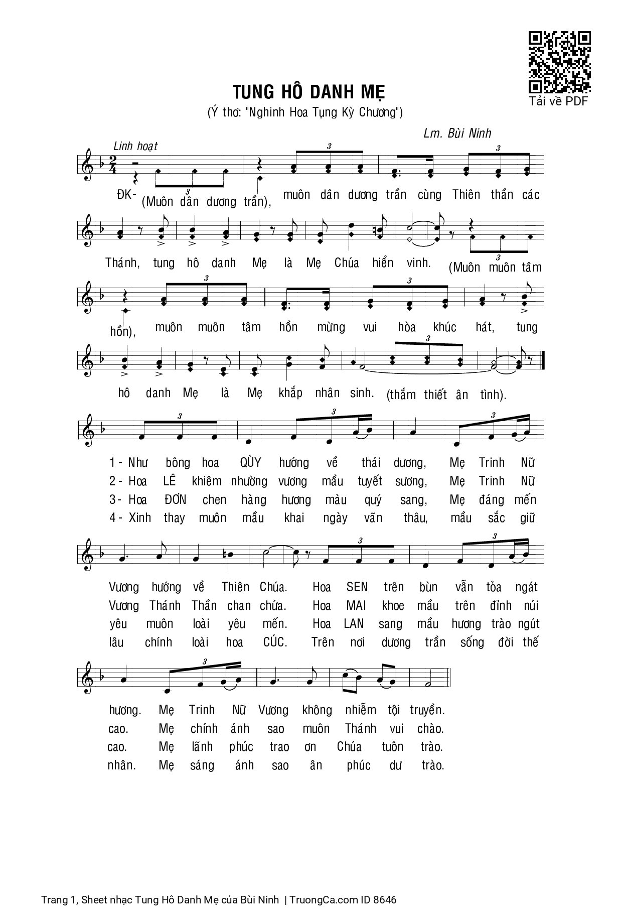 [Sheet] Tung Hô Danh Mẹ PDF (Agustino Trí Dũng) lyrics & chords